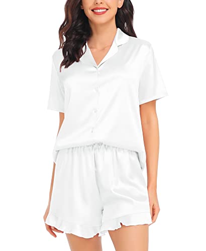 SWOMOG Womens Silk Satin Pajamas Set Two-piece Ruffle Sleepwear Loungewear Button-Down Pj Sets White