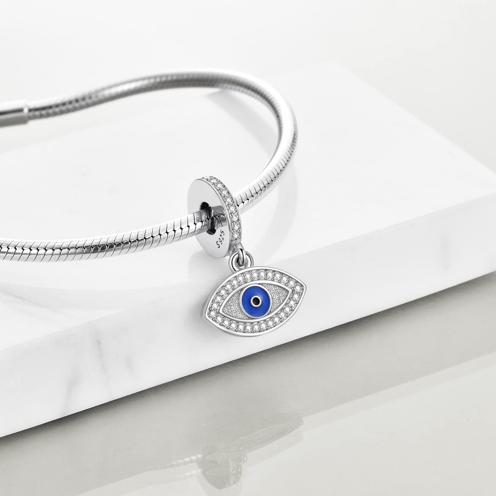 EXRANQO Evil Eye Dangle Charms for Charms Bracelets and Pendant Necklace 925 Sterling Silver Blue Enamel Evil Eye Beads Christmas Gift for Women