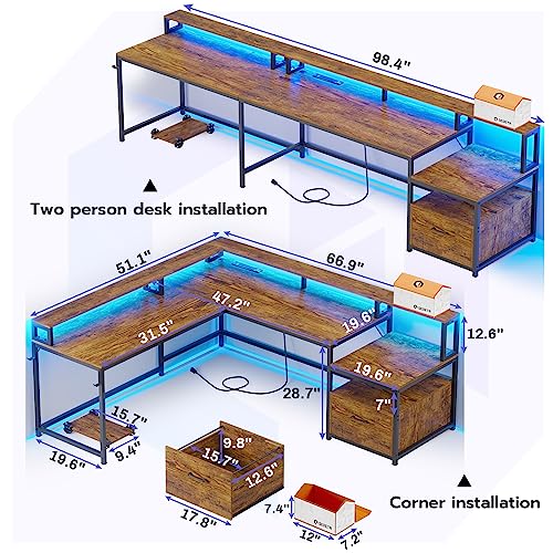 SEDETA L Shaped Desk, 66" with File Drawer & Power Outlet, Home Office Gaming Desk with Led Lights, Corner Computer Desk with Monitor Shelf, Printer Storage Shelves, Two Person Desk, Rustic Brown