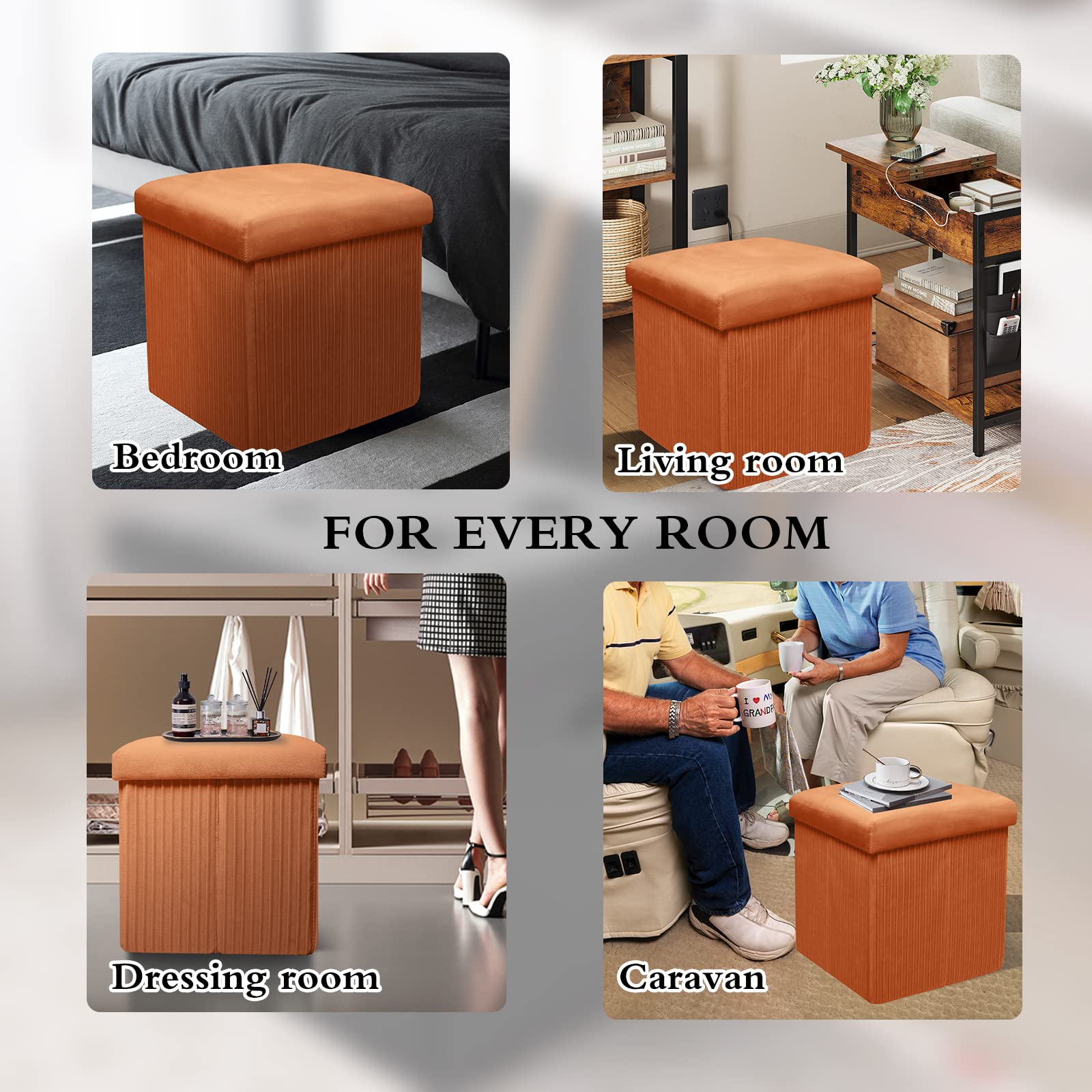 ECOMEX Folding Storage Ottoman Cube, 11.8 Inches Small Storage Ottoman with Padded Seat Foldable Cube Ottoman with Storage Velvet Cube Ottoman for Bedroom Living Room, Orange