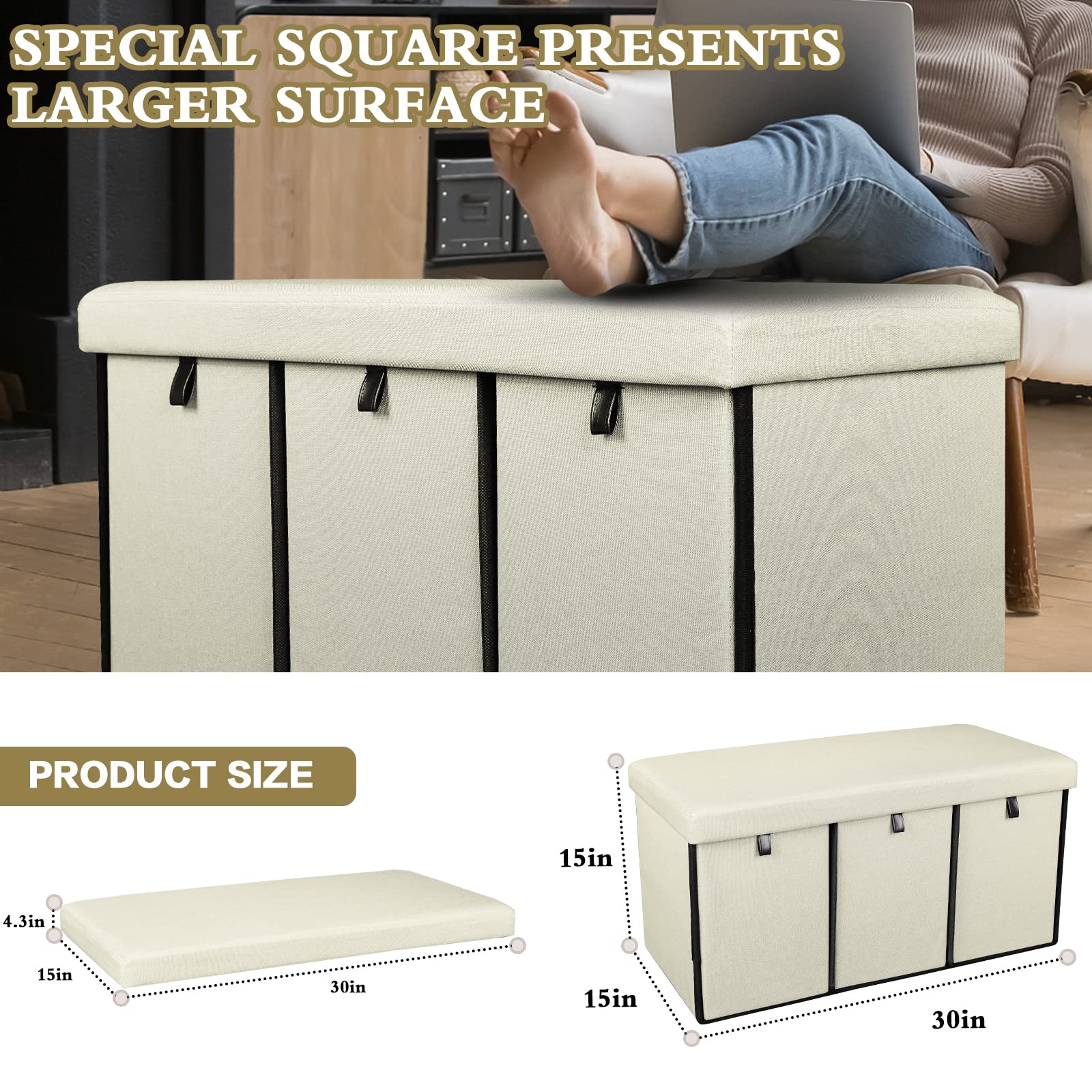 ECOMEX Storage Ottoman with Drawers, Folding Storage Ottoman Bench with Foam Padded Seat, Storage Bench and Faux Leather Ottoman Foot Rest for Bedroom and Hallway Support 600LBS Beige