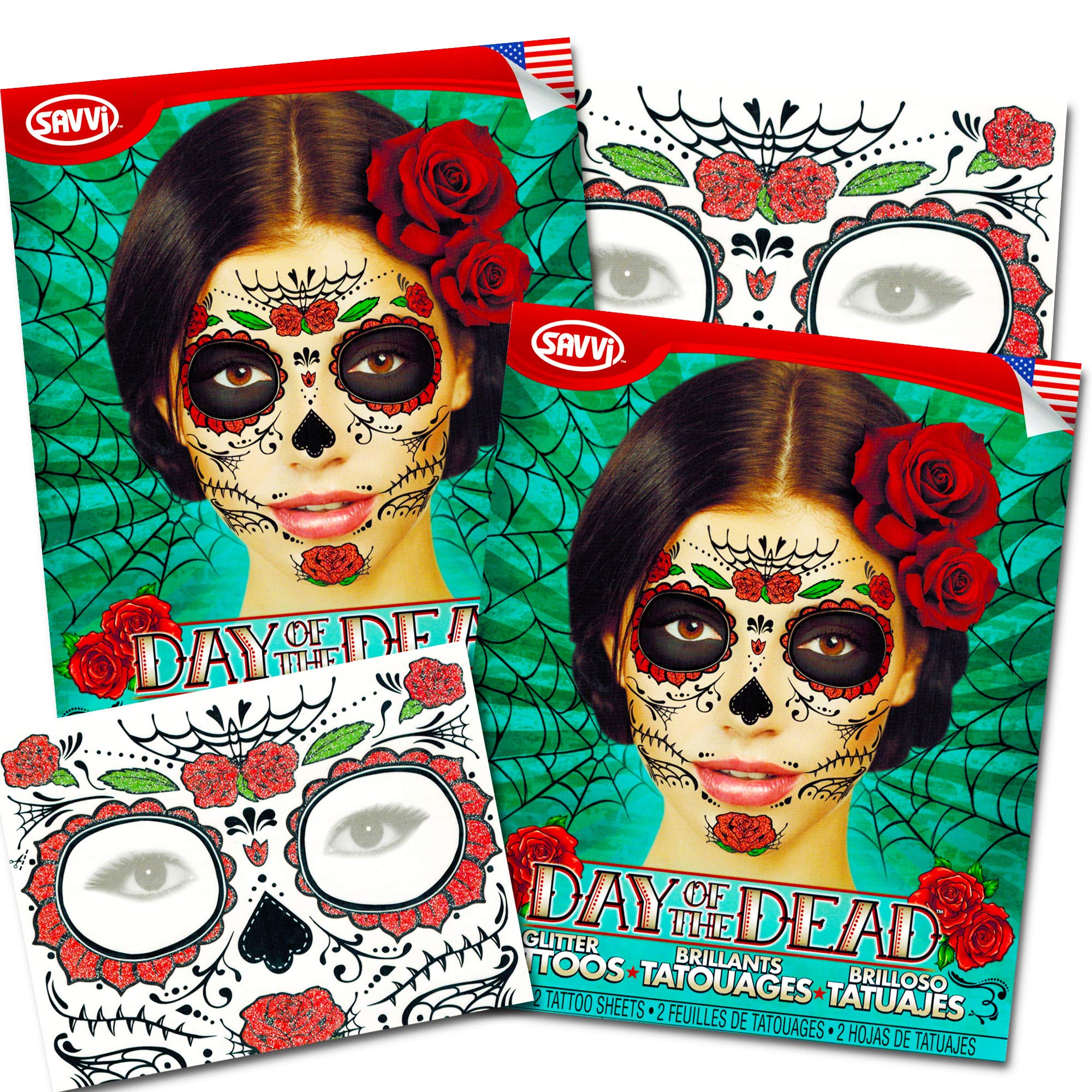 Glitter Red Roses Day of the Dead Sugar Skull Temporary Face Tattoo Kit - Pack of 2 Kits