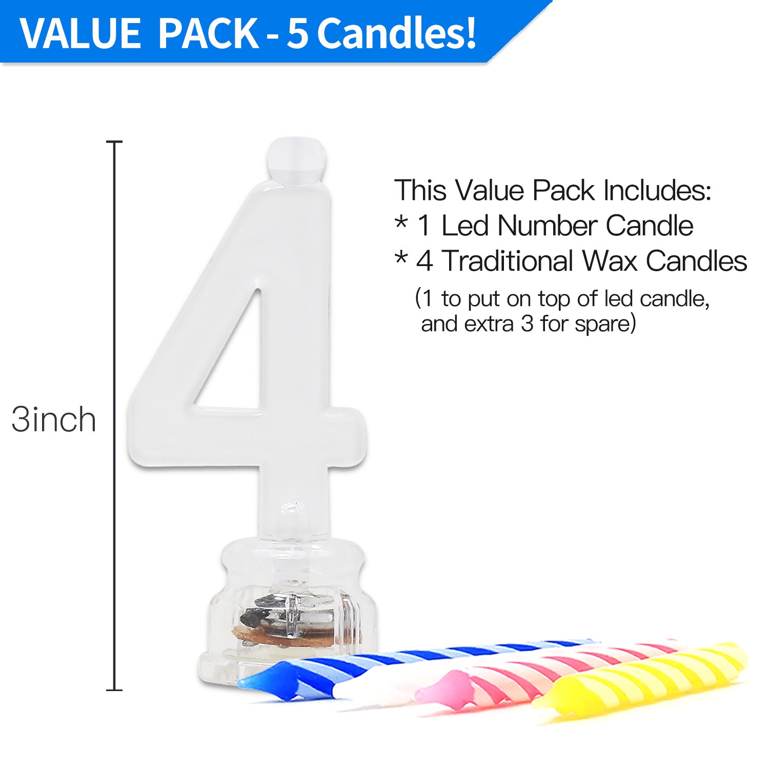 Novelty Place Birthday Number Candle Set, Flashing Multicolor Changing LED Birthday Cake Topper with 4 Wax Candles (Number 4)