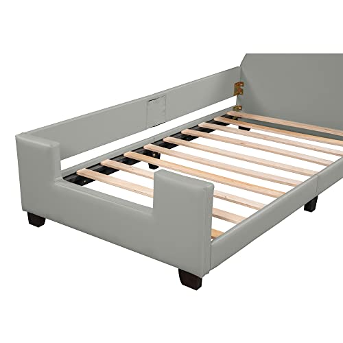 Twin Size Kids Upholstered Bed with Carton Ears Shaped Headboard,Children Twin Platform Bed Frame with PU leather,Cute Wooden Single Bed for Girls Boys, No Box Spring Needed , Grey