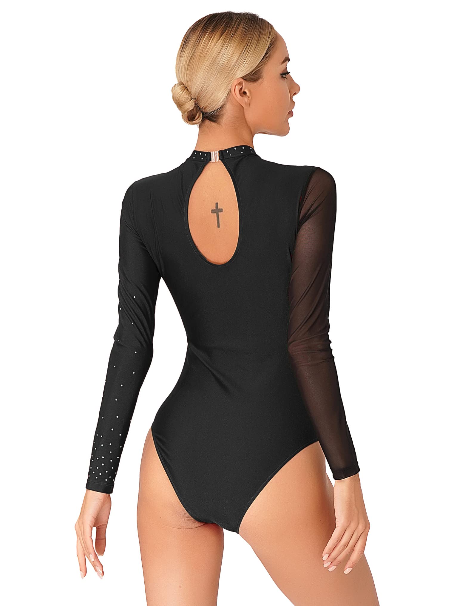 Freebily Womens Sheer Mesh Long Sleeve Bodysuit Sequined Mock Neck Tassel Leotards Dancewear Black XX-Large