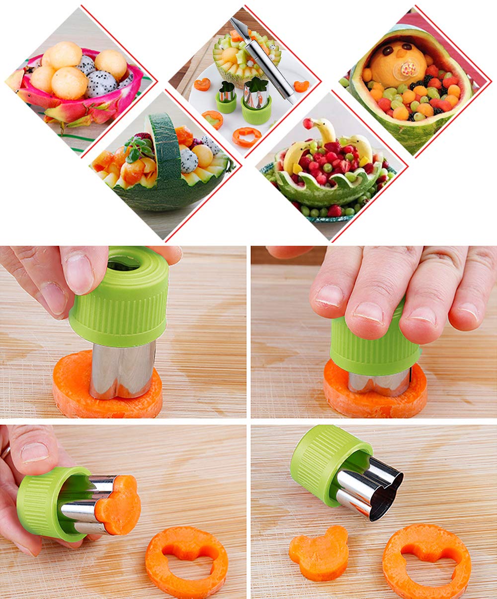 Fruit Vegetable Cutter Shapes Set, Mini Pie and Cookie Stamps Mold(8 pcs) with Melon Baller Scoop & Carving Knife, Stainless Steel, DIY Fun Food Decorating Tools cookie cutter for Kitchen