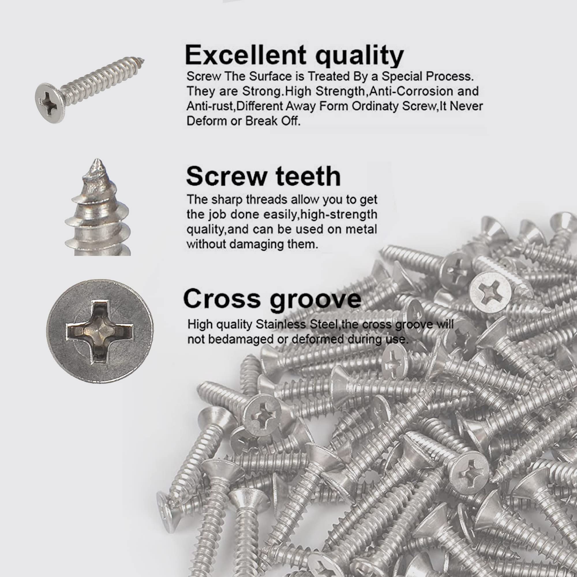 Hession Wood Screws Stainless Steel 304 Flat Head Phillips Drive Self Tapping Screw for Sheet Metal Thread Sharp Point 20pcs Pack (#8 x 5/8 inch)
