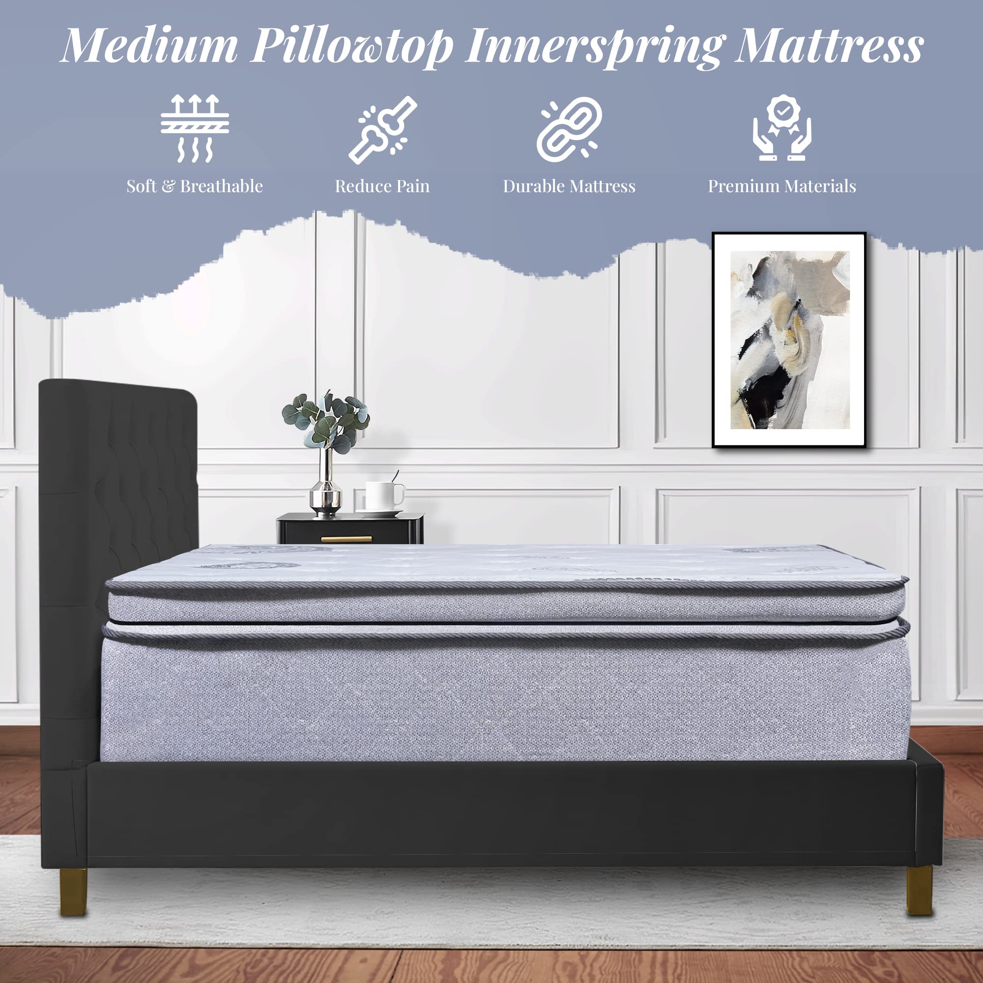 Nutan 13" Foam Encased Medium Firm Mattress with Pillow Top, Soft and Comfortable Bed Mattresses for Complete Body Support and Maintain Correct Posture, Grey, King