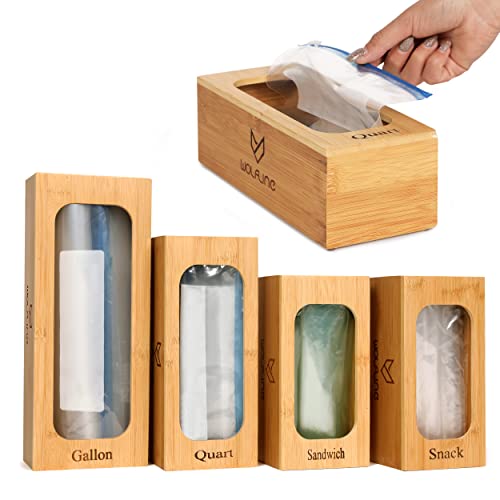 Wolfline Ziplock Bag kitchen drawer organizer, Bamboo plastic bag holder, Premium food storage bag organizer for gallon quart sandwich and snack, Bigger box size for quart slider bags, Silicone grip pad, 4pcs bamboo drawer organizer