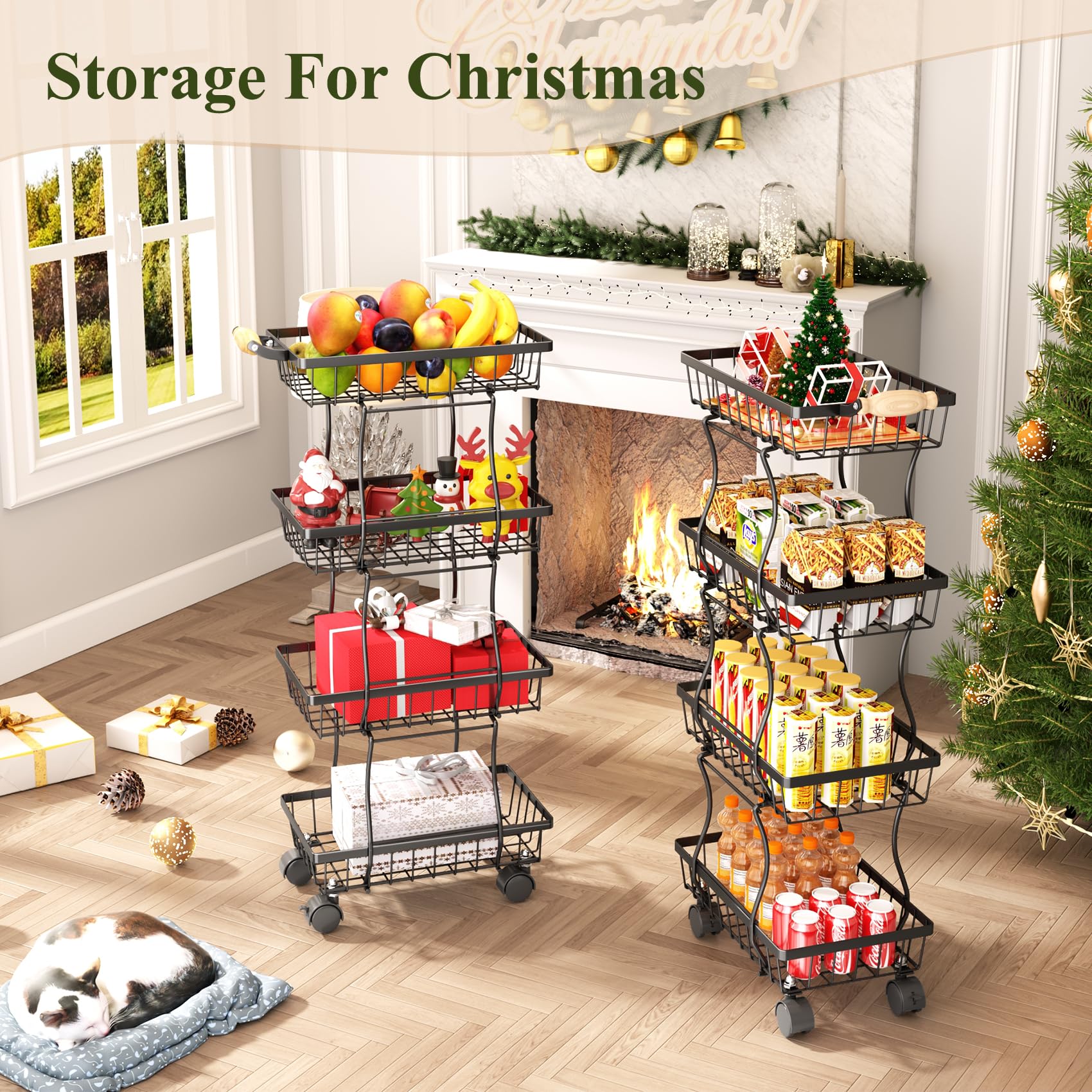 Fruit Vegetable Basket for Kitchen Organizers - 4 Tier Stackable Metal Wire Basket Stand, Black