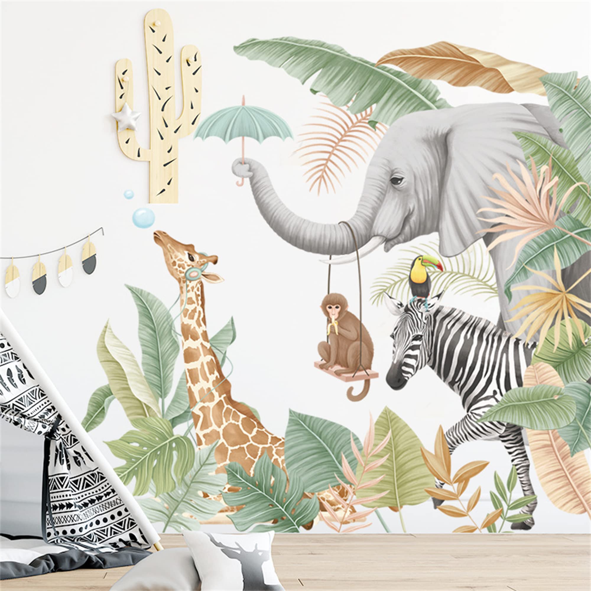 Rainforest Wall Decals Giraffe Elephant Monkey Zebra Wall Stickers for Bedroom Living Room Kid's Room Kindergarten, Art Window Door Cabinet Corridor Wall Decor Murals (Rainforest)
