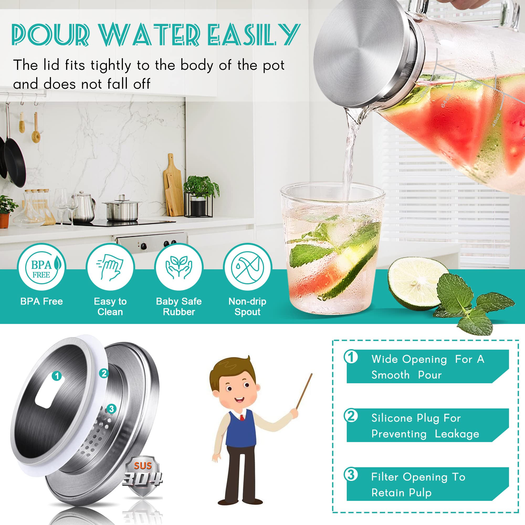HIHUOS Glass Pitcher with Lid : 68oz Water Pitcher with Precise Scale Line, Easy Clean Heat Resistant Iced Tea Pitcher, Borosilicate Glass Carafe for Juice, Milk, Beverages, Mimosa Bar