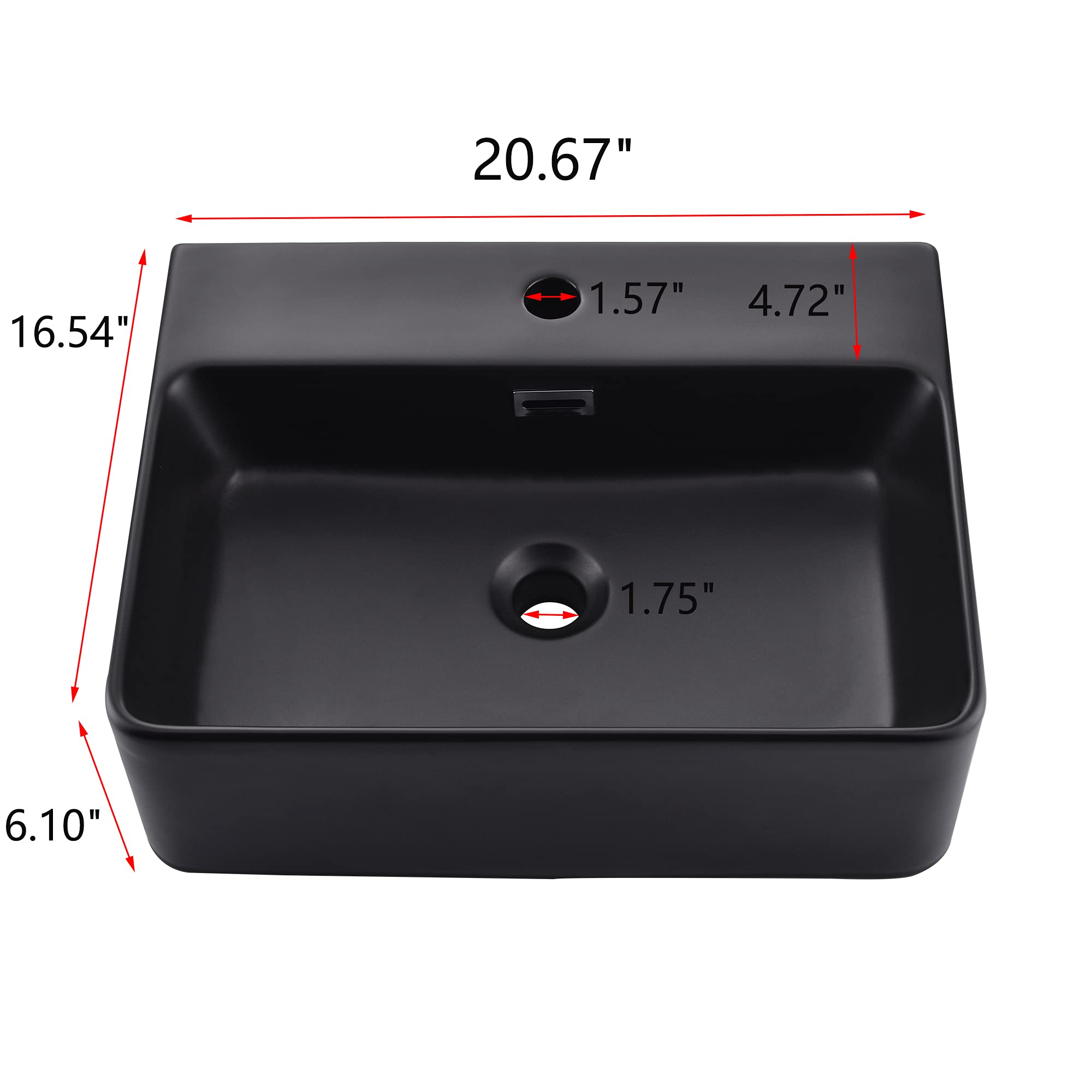 IKEBANA Wall Mount Sink Black,Modern Vessel Bathroom Sink 21"X 17",Modern Floating or Countertop Ceramic Washing Bathroom Sink,Black Rectangle Wall Mounted Lavatory Sink