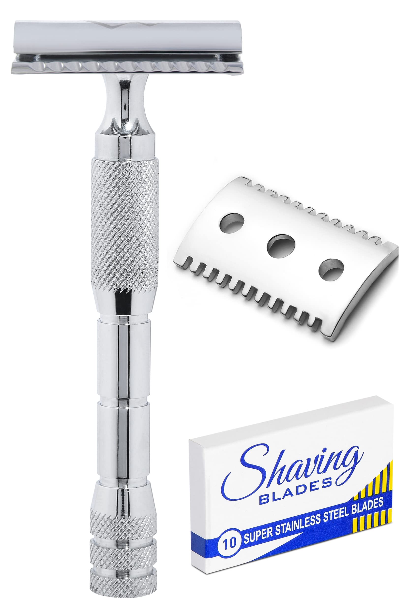 Raka Long Handle Double Edge Safety Razor for Men With Extra Free Open Comb - Twist to Razors, Along 10 stainless Steel Blades better shaving experience, silver, 12 Piece Set