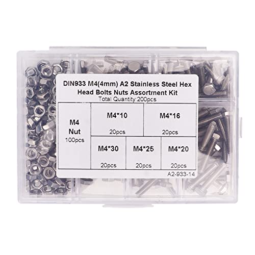 Hex Bolts Screw, Clear Thread Anti Oxidation 200PCS Uniform Pitch Heavy Duty Bolts Kit M4 with Storage Box for Machinery