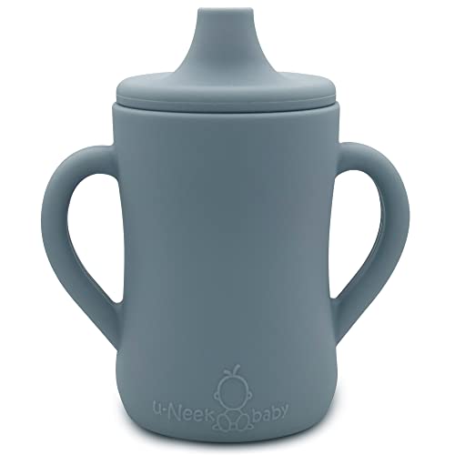 U-Neek baby Silicone Sippy Cup for Baby 6+ Months | Two Non Slip Handle Learner Cup for Toddlers | Transitional Training Cup for Baby Led Weaning and Independent Drinking 6.7oz | Baby Gift (Sea Blue)