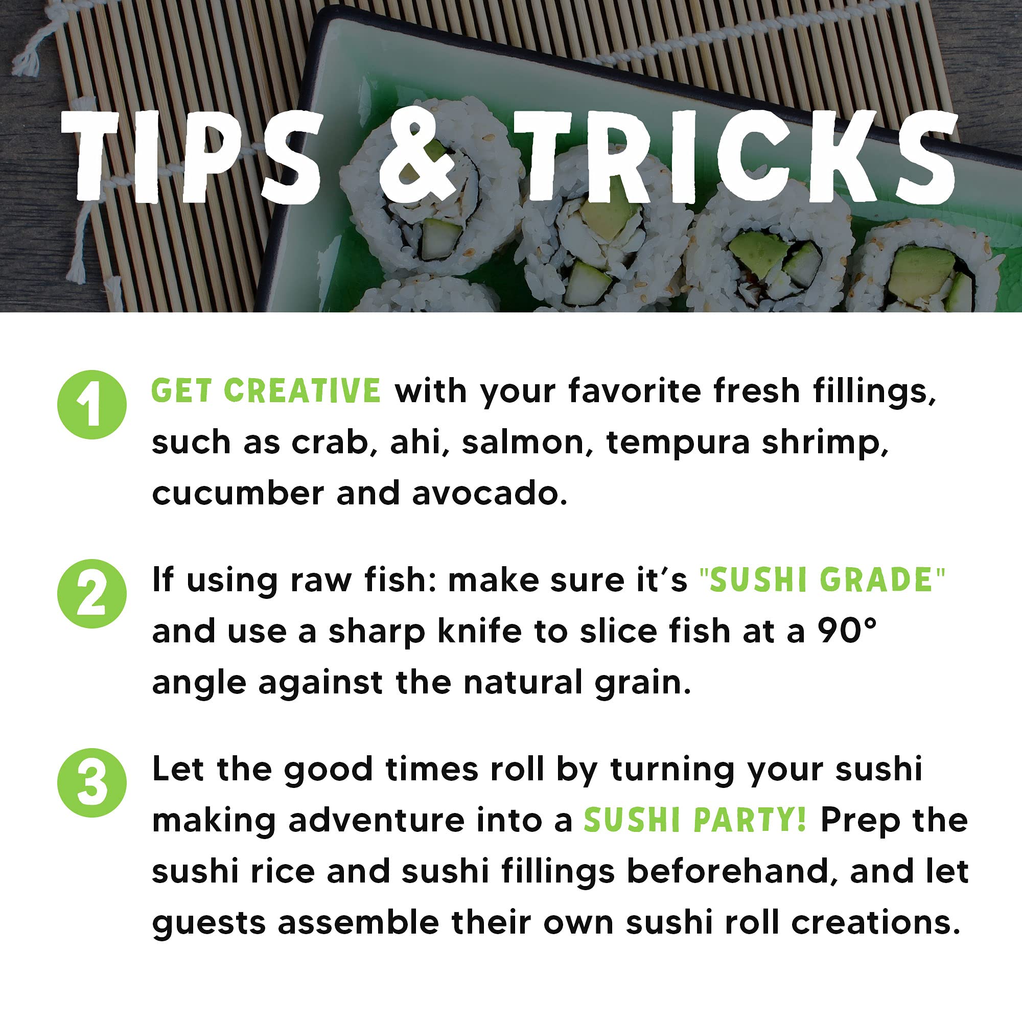 Global Grub DIY Sushi Making Kit - Sushi Kit Includes Sushi Rice, Nori Sushi Seaweed, Rice Vinegar Powder, Sesame Seeds, Wasabi Powder, Bamboo Sushi Rolling Mat, Instructions, Makes 48 Pieces