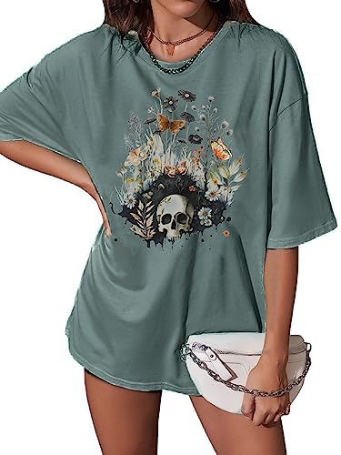Women Oversized Skull Shirts Skeleton Floral Graphic Loose Tshirts Halloween Teen Girls Baggy Trendy Top