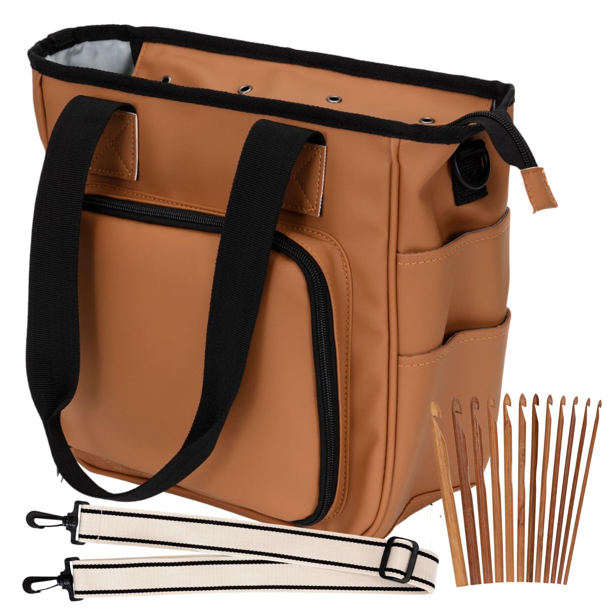 Leather Crochet Bag Backpack - Travel Knitting Bag Project Organizer Totes has Detachable Strap, 12 Wooden Hooks, 12 Skeins of 25g Yarn Storage Pocket & Grommets for Crocheting On the Go