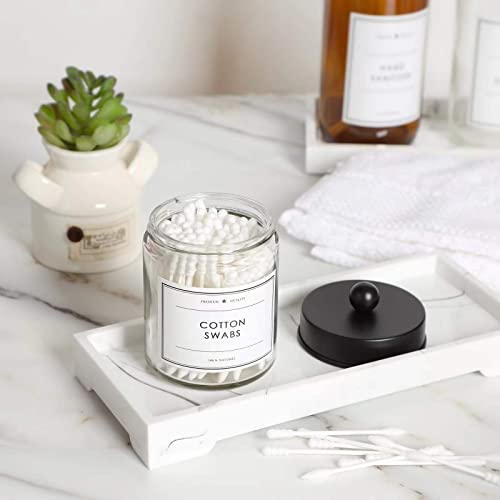 KUSVADO 2-Pack Bathroom Apothecary Storage Jars, Vanity Countertop Canister, Glass Jars Q-tip Holder, Cotton Swab Container, Bathroom Storage Container with 8 Pcs Waterproof Labels (9 Oz, Clear)