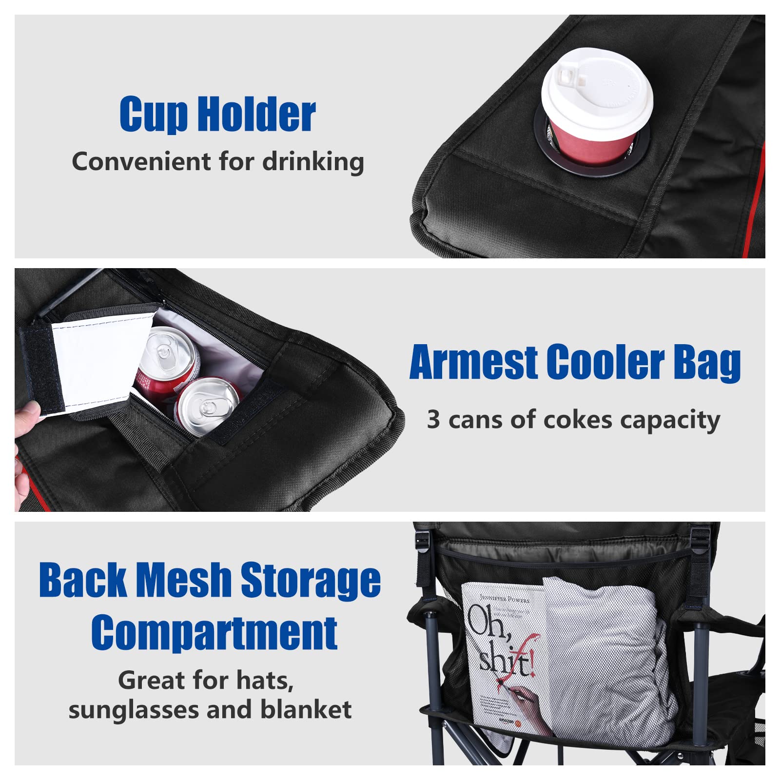 Diketone Camping Chairs for Adults Folding Camp Chairs with Cooler Bag Padded Camping Chairs for Heavy People Outdoor Oversized Camp Chairs Heavy Duty Supports 606 lbs Black
