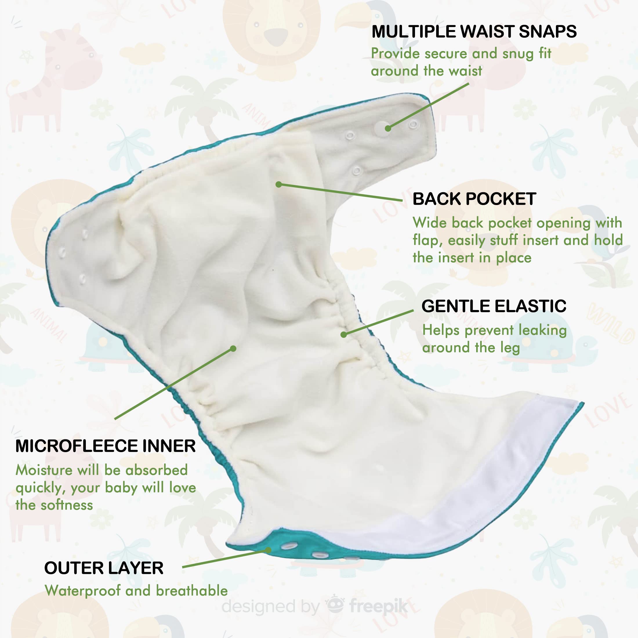 KaWaii Baby Overnight Nighttime Cloth Diapers- 6 One Size Heavy Wetters with 12 Highly Absorbent Inserts, Leakfree, Reusable Nappies for Babies 8-36 lbs