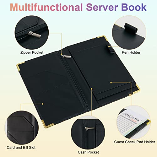 Waitress Book, Server Books for Waitress with Zipper Pocket Black Serving Waiter Book for Waitress Notepad with Money Pocket and Zipper