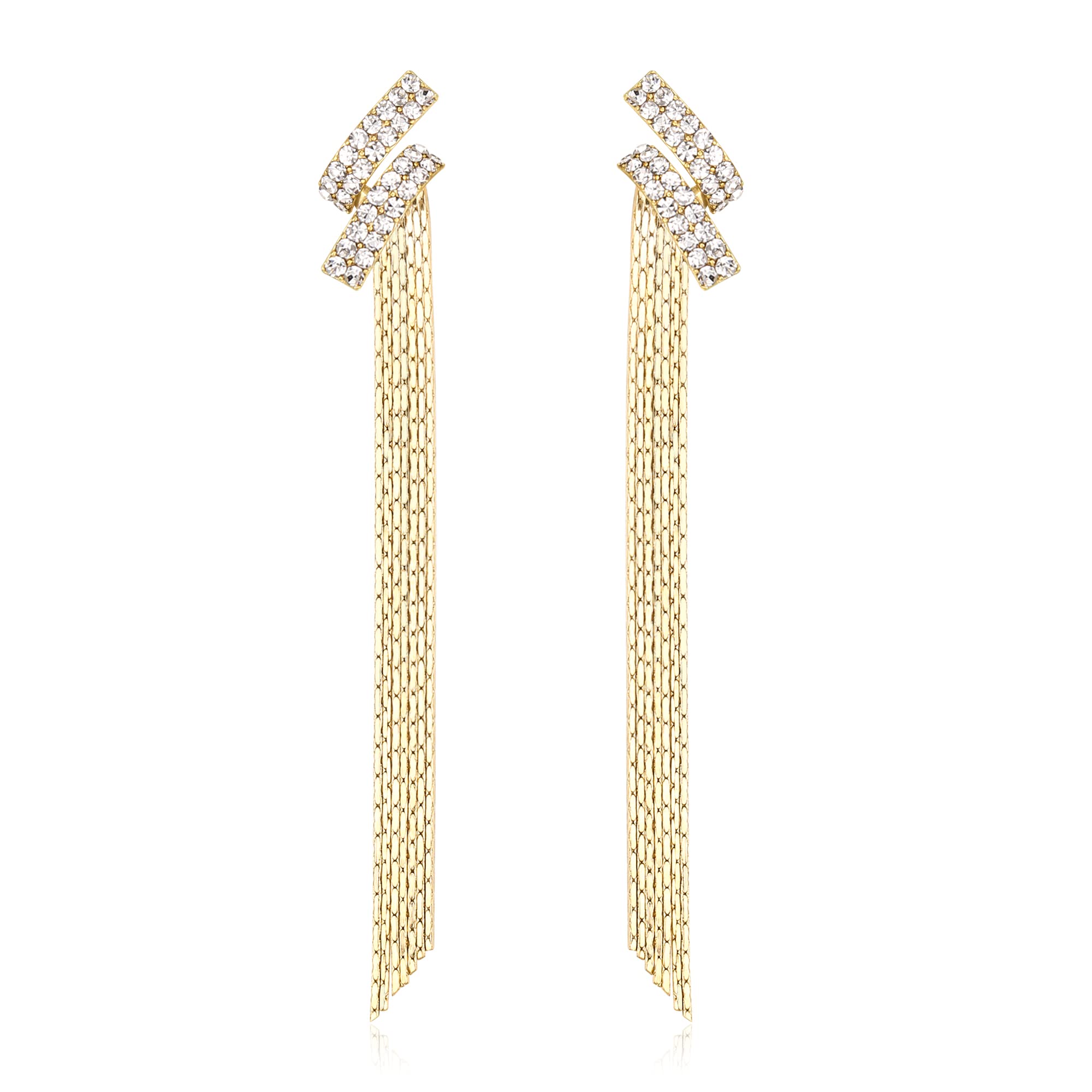 EleQueen 3 Chain Long Tassel Earrings, Gold Plated Cubic Zirconia Dangle Earrings for Women Wedding Party Prom