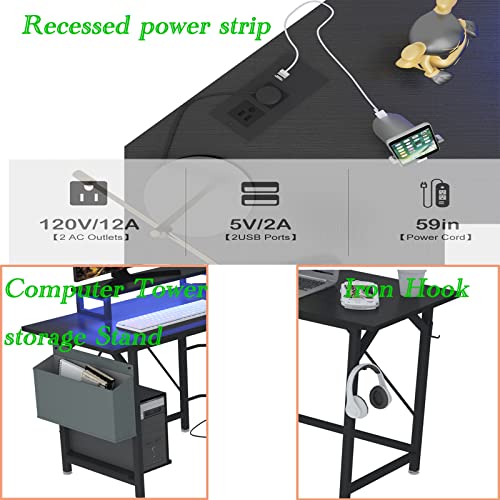 SZXKT Gaming Desk with Monitor Stand and Power Outlets,l Shaped Desk with Storage and LED Lights,Home Office Reversible Corner Computer Desk with Hooks (Black)
