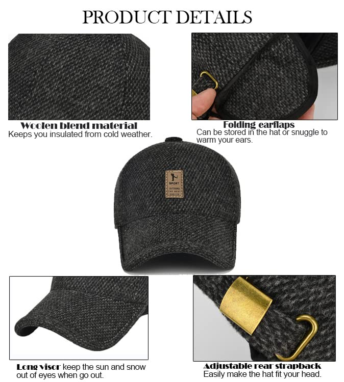FGSS Mens Winter-Woolen Baseball-Cap with Earflaps - Adjustable Warm Dad Cap for Cold Weather (56-60CM) Grey
