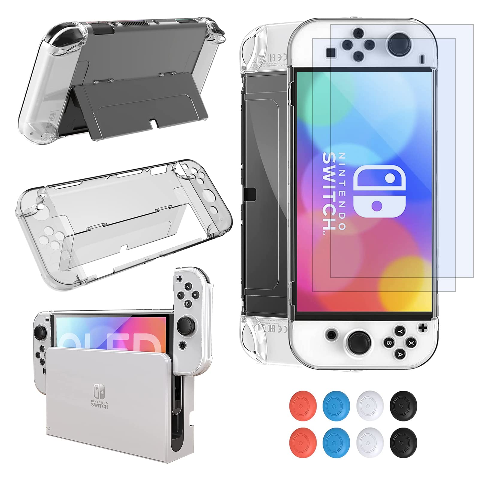 Dockable Case Compatible with Nintendo Switch OLED 2021, Protective Cover Case for Switch OLED Console and Joy-Con Controller with 2 PCS Tempered Glass Screen Protector and 8 PCS Thumb Grips (Clear)