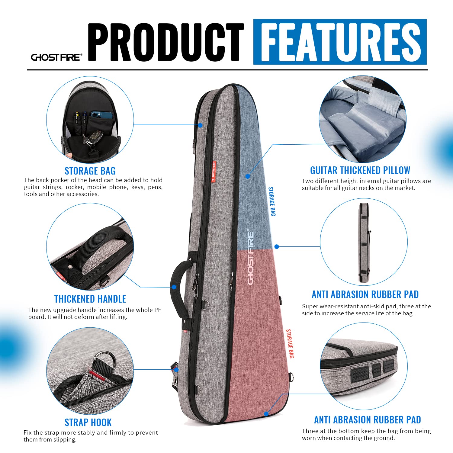 GHOSTFIRE high-end Electric Guitar Gig Bag Super thick fit ST/TL ,LP/SG An Expansion Package Is Attached (Electric guitar-grey)