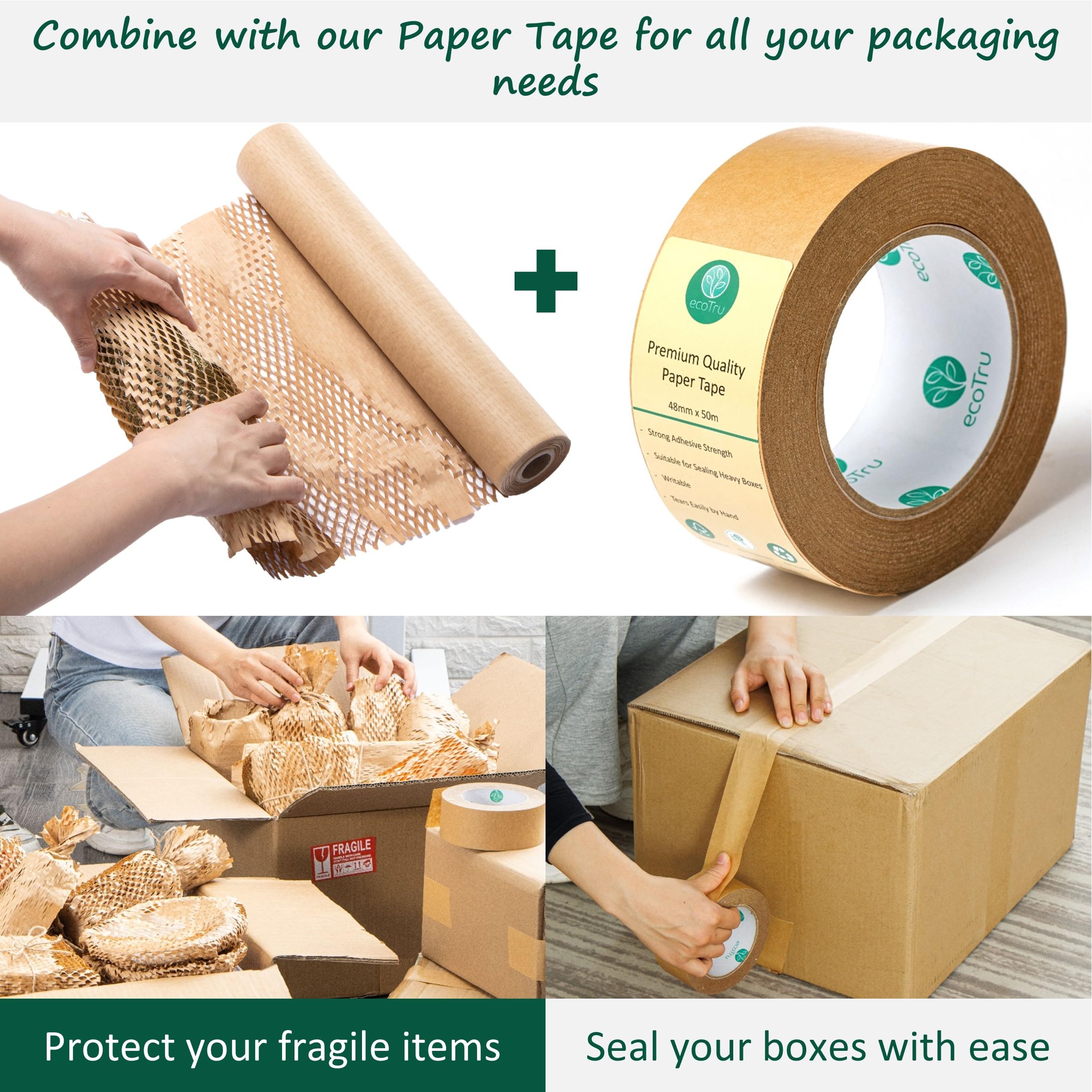 ecoTru Honeycomb Packing Paper 15" x 66', Eco Friendly Protective Wrap for Fragile Items, Recyclable & Biodegradable Shipping Supplies for Small Business, Wrap for Moving Essentials with 20 Sticker