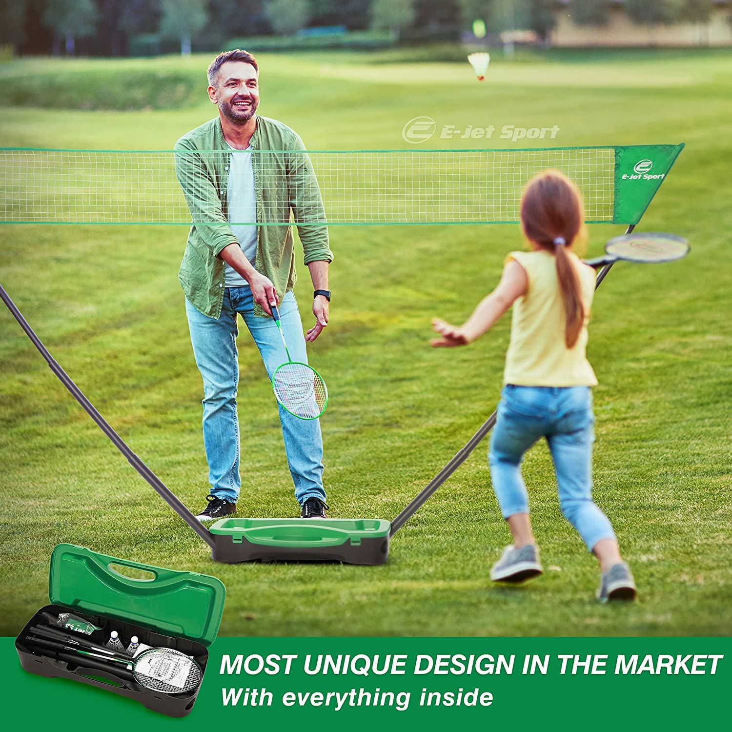 E-jetSport Portable Badminton Net Set with Storage Base, Rackets Lightning Shuttlecocks Combo Set for Family & Kids, Easy Setup for Backyard Training, Beach, Park, Picnic Games, Green,EOB375402021