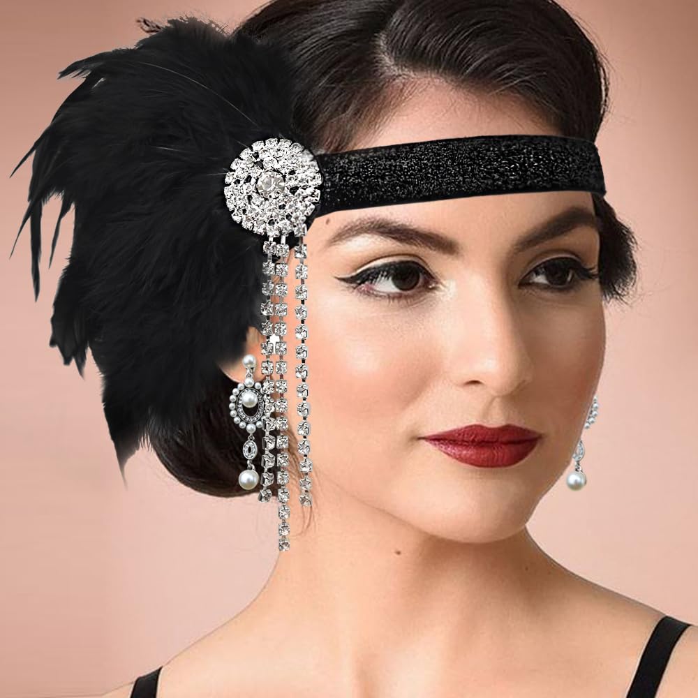 DRESHOW 1920s Great Gatsby Accessories for Women Flapper Headpiece Headband Gloves Costume Harlem Nights Accessories Set