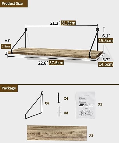Sapowerntus Long Floating Shelves for Wall Mounted 24 Inch, Rustic Farmhouse Wood Bathroom Hanging Extended Shelf, Bedroom Living Room Kitchen Office Display, Storage Decor Set of 2, Brown