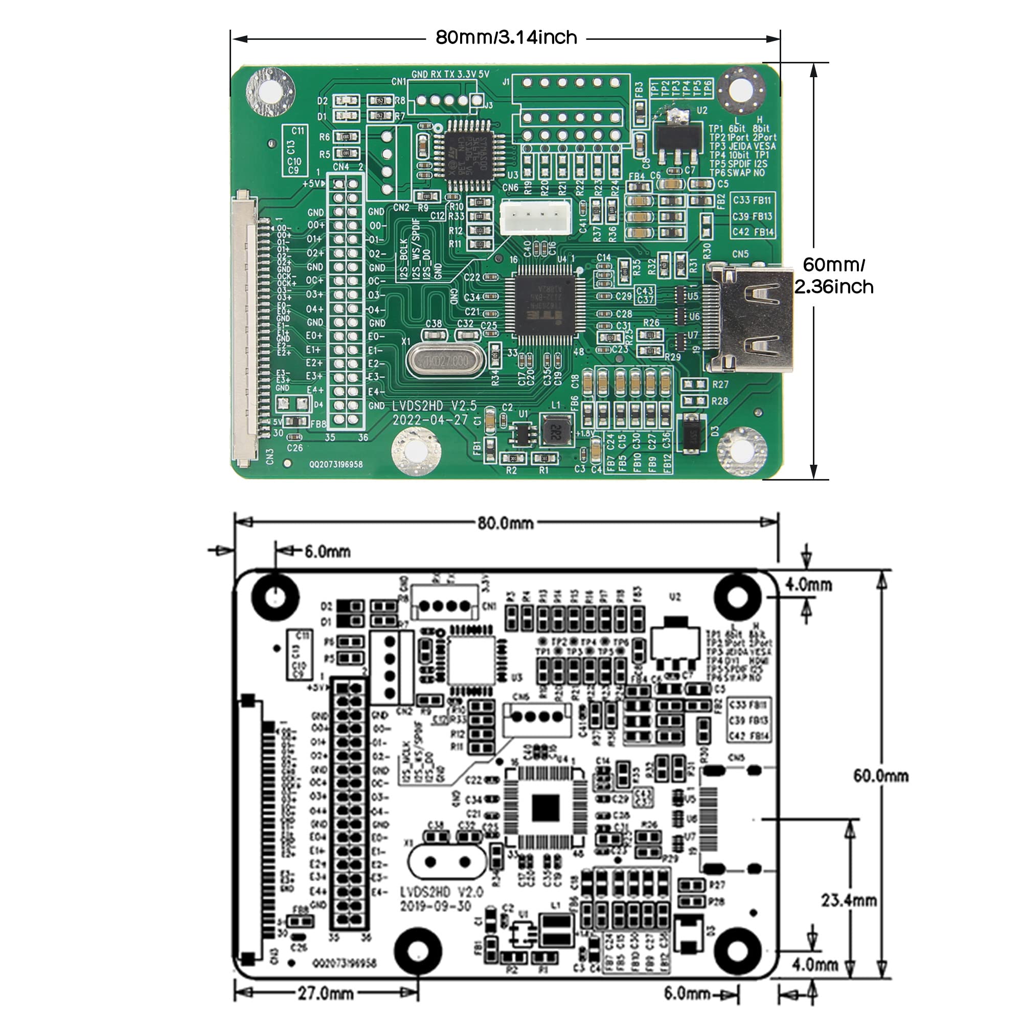 eleUniverse LVDS to HDMI Adapter Board LVDS2 with LVDS Cable with Default Mode Double 8 | VESA | 8bit | I2S Sound Input
