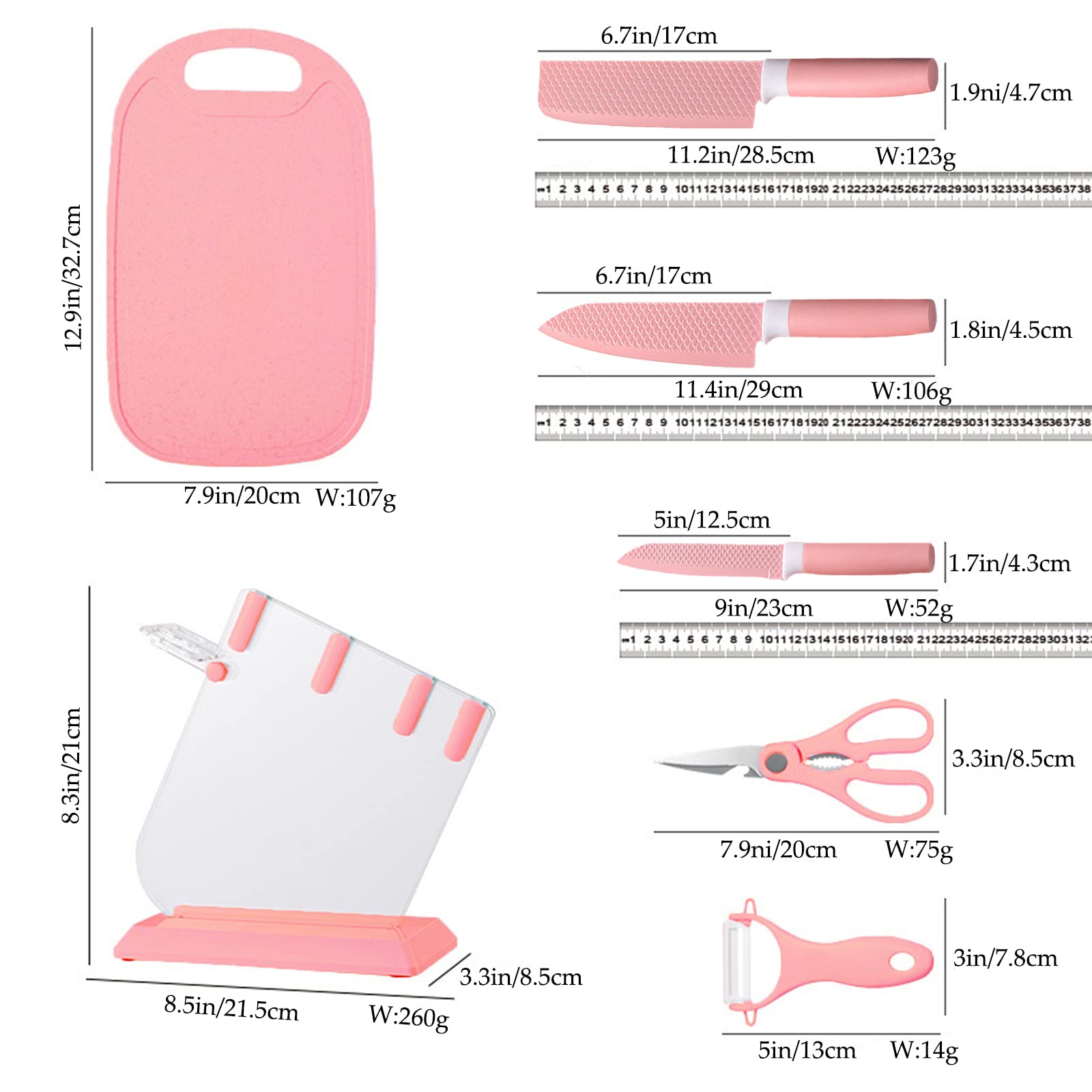 FTNESGYM Kitchen Knife Set, 7-Pieces Pink Non-stick Fish Scales Blade Cooking Knife Set, Sharp Stainless Steel Chef Knives with Cutting Board for Women Girls (Pink)