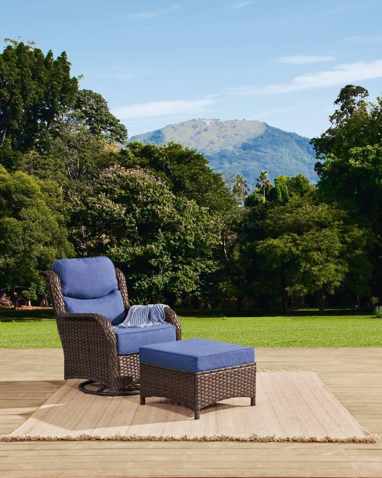 HILLGA Luxury 2PCS Patio Ottomans Footrest, Premium Wicker Steel Frame Outdoor Fabric, Comfortable Cushions, for Garden, Patio, Backyard and Deck(Rice White)