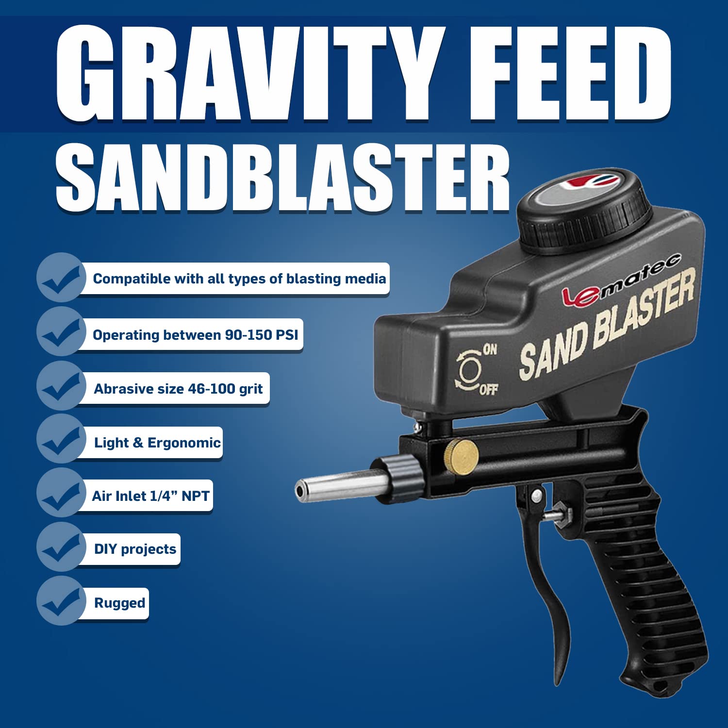 LE LEMATEC Sand Blaster Gun Kit for Air Compressor, Paint/Rust Remover for Metal, Wood & Glass Etching, Up to 150 PSI Blasting Media for Aluminum, Sand, Walnut Shells & Soda Blaster, Black (AS118)