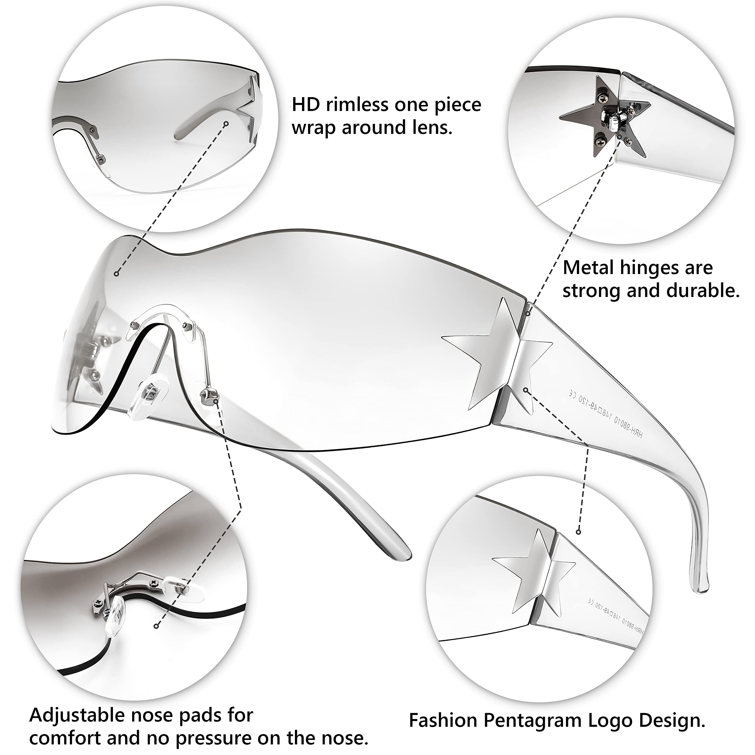 FEISEDY Y2K Sunglasses for Women Men 2000s Fashion Rimless Wrap Around Frameless Star Sun Glasses B9090