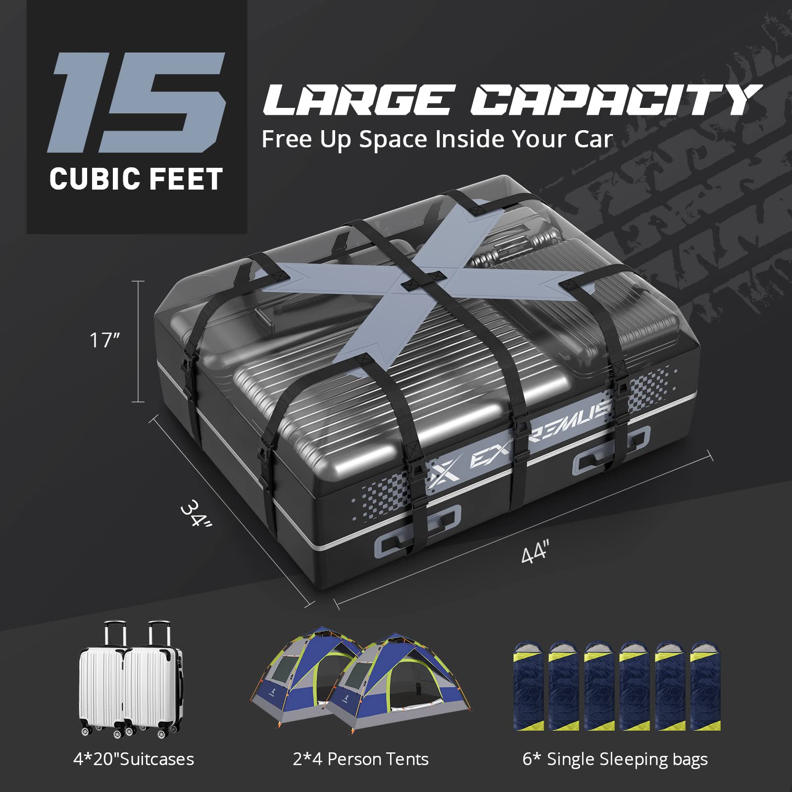 Extremus ExplorationX Rooftop Cargo Carrier Bag-15 Cu Ft, 100% Waterproof Car Top Carrier, Abrasion Resistant 840D PVC, High-Frequency Welded Seams, Waterproof Zipper W/Storm Flap & 9 Sturdy Straps