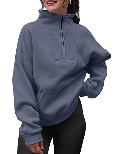 Trendy Queen Half Zip Sweatshirts Quarter Zip Pullover Hoodies for Women Oversized Fleece Soft Sweaters Comfy Fall Winter Clothes 2023 Y2K Greyblue