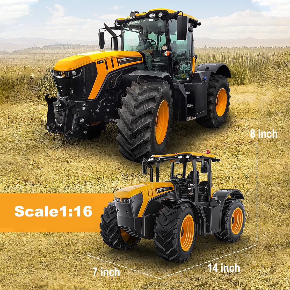Dollox RC Farm Tractor Toy 1/16 Scale Construction Farmer Truck 2.4G Hobby Remote Control Engineering Vehicle + Tipping Trailer Accessory with Hitch