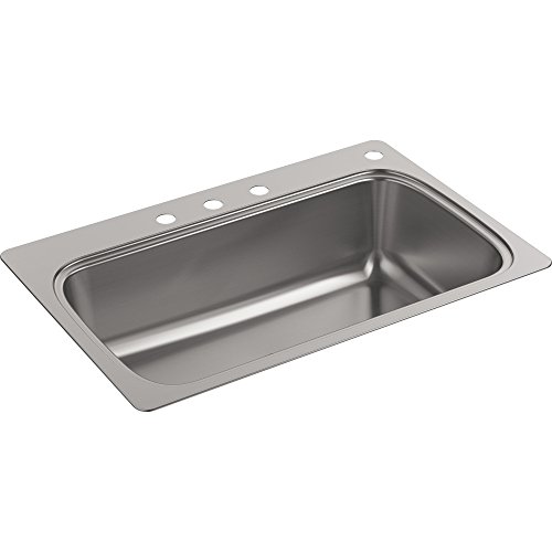 Kohler K-20060-4-NA Verse 33" x 22" Drop-in Single Bowl Kitchen Sink with Four Faucet Holes Stainless Steel, 33x22, Steel