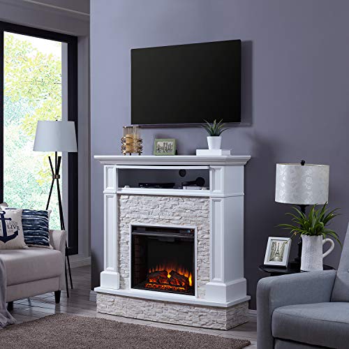 SEI Furniture Jacksdale Faux Stone Accent Electric Hidden Media Shelf Fireplace, White