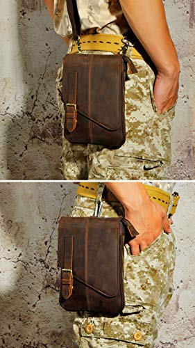Le'aokuu Mens Genuine Leather Coffee Fanny Small Messenger Shoulder Satchel Waist Bag Pack (Dark Brown Large)