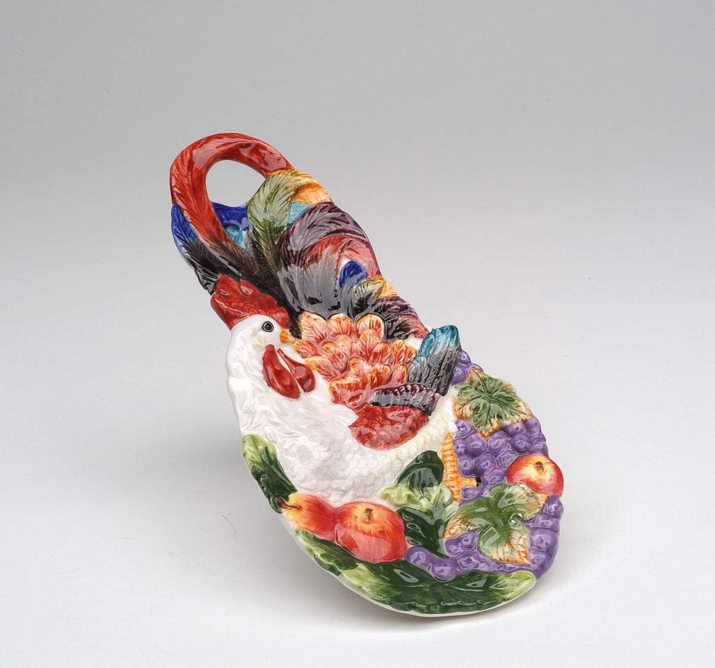 Fine Ceramic Colorful Farmhouse Country Rooster with Fruits Design Spoon Rest, 7 1/2" L