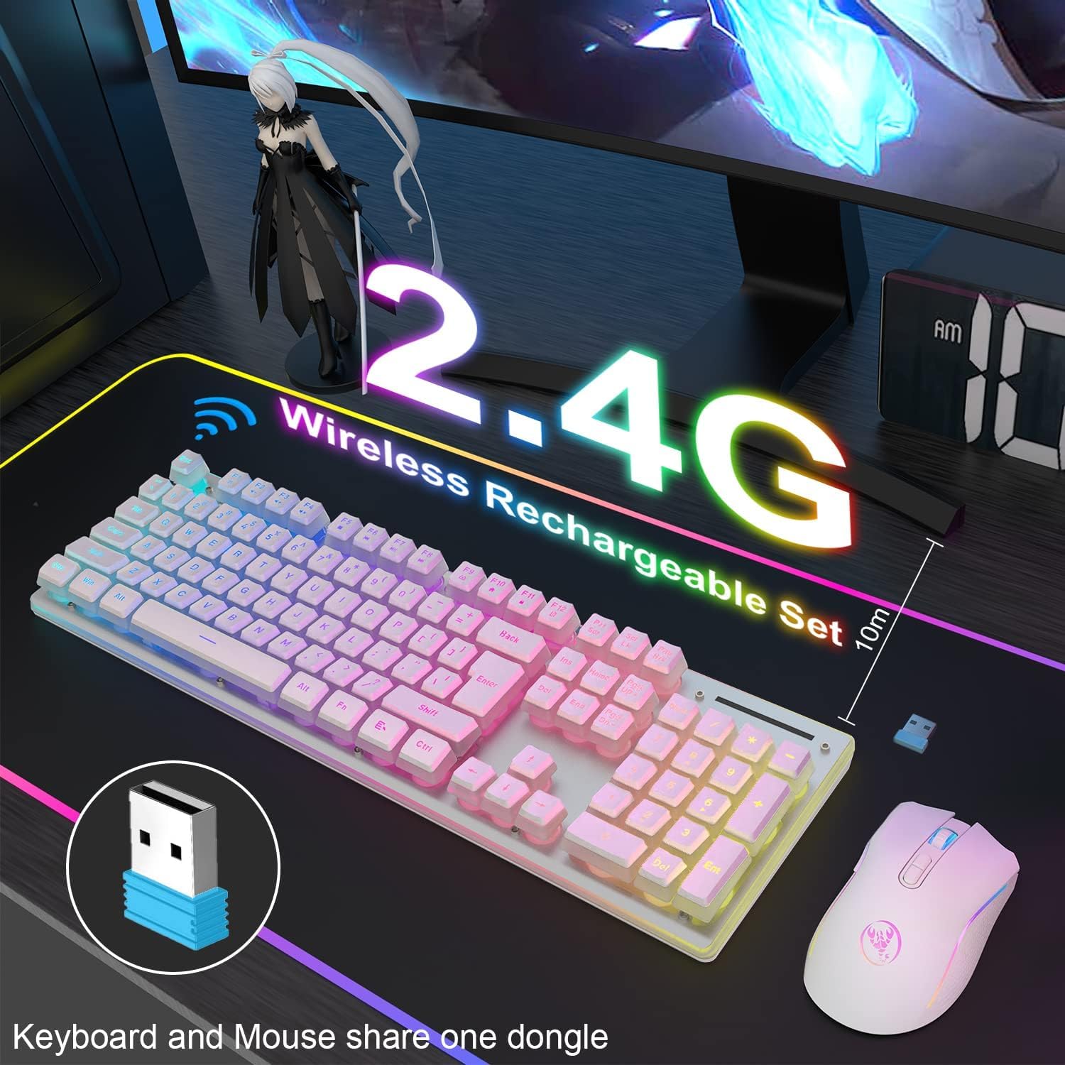 FELICON L96 Wireless Keyboard Mouse Combo, 3650mAh Rechargeable RGB Full Size Keyboard with Pudding Keycaps, Ergonomic Mechanical Feel 4800 DPi Rainbow Led Mute Mouse 2.4G USB for PC/Mac(White)