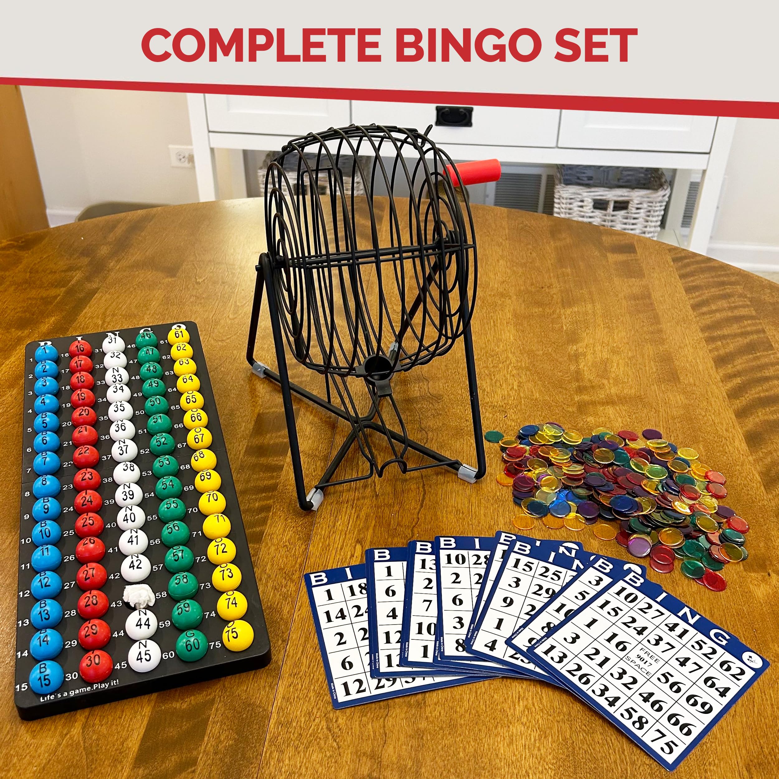 MR CHIPS 11" (Inch) Tall Professional Bingo Set with Steel Bingo Cage, Everlasting 7/8β Bingo Balls, 18 Bingo Cards and 300 Bingo Chips - Mysterious Black Color